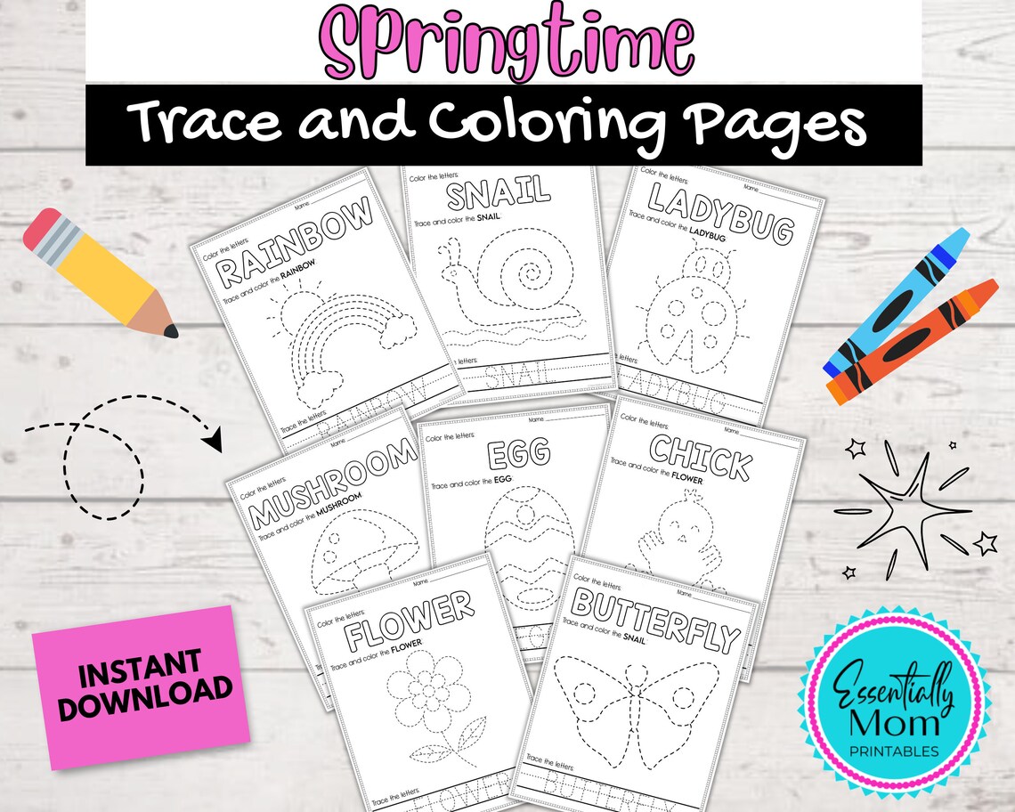 Springtime Trace and Coloring Pages, Spring Coloring Page Kids ...