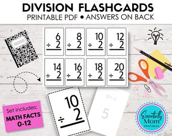 Printable Division Flashcards 0-12: Math Facts With Answers (PDF) - Etsy
