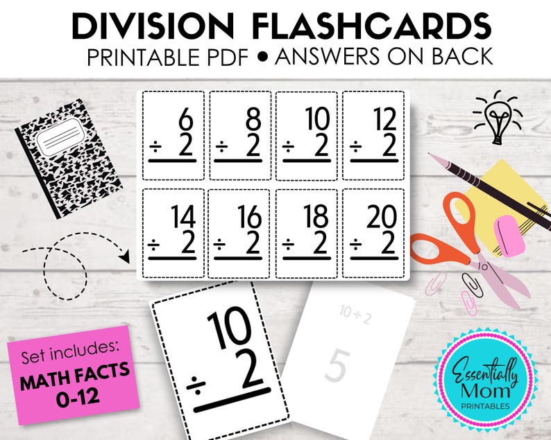 Printable Division Flashcards 0-12 {with Answers on Back}, Math ...