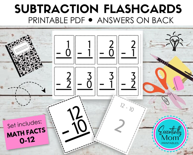 Printable Subtraction Flashcards 0-12 {with Answers on Back}, Subtraction Flashcard Printables ...