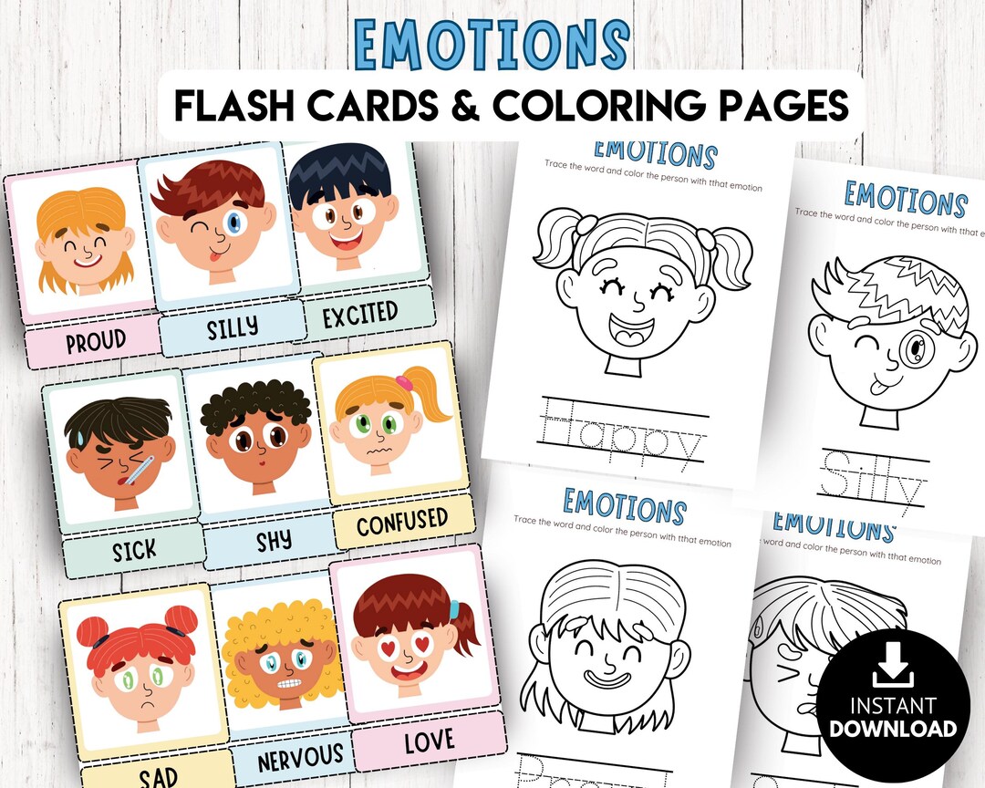 Emotions Flashcards and Coloring Pages | Printable Feelings Cards for ...