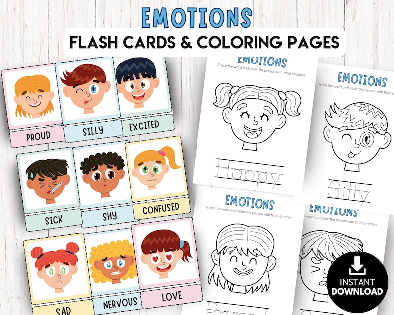 Emotions Flashcards and Coloring Pages | Printable Feelings Cards for ...