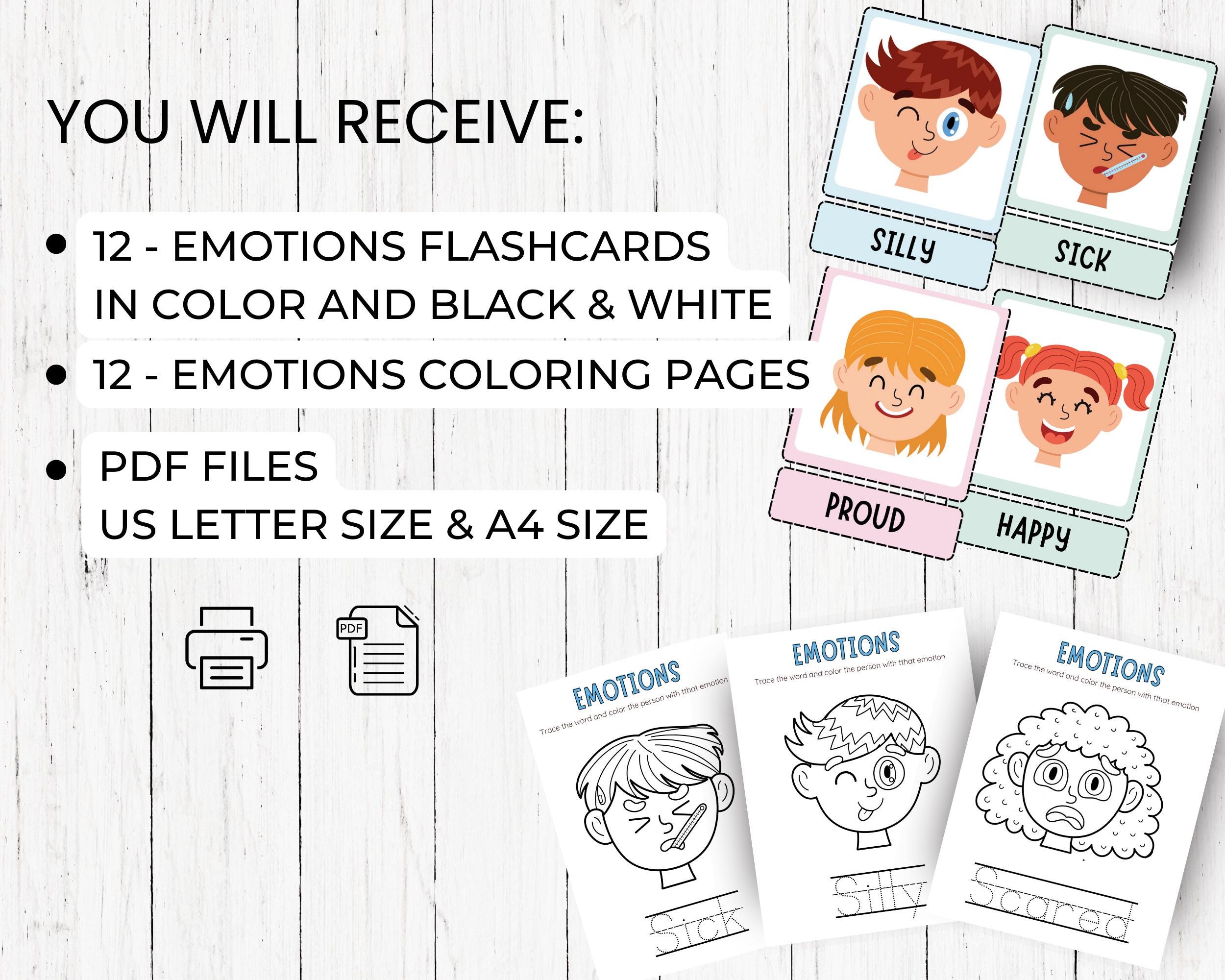 Emotions Flashcards and Coloring Pages | Printable Feelings Cards for ...