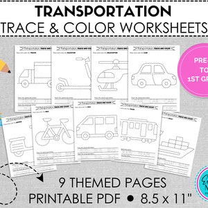 Transportation Trace and Color Worksheets - Etsy