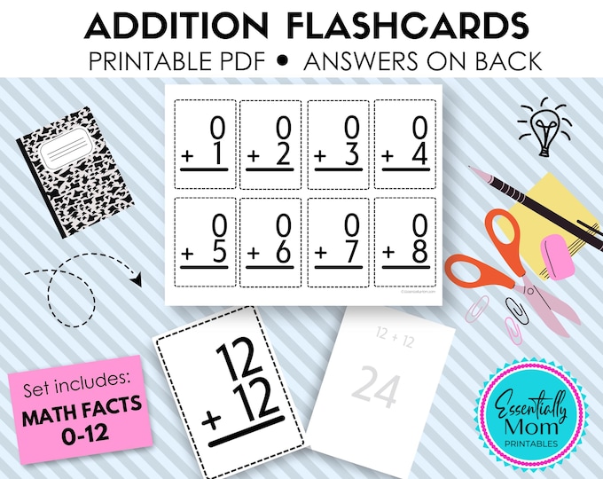 Printable Addition Flashcards 0-12: Math Facts (PDF Download) - Etsy