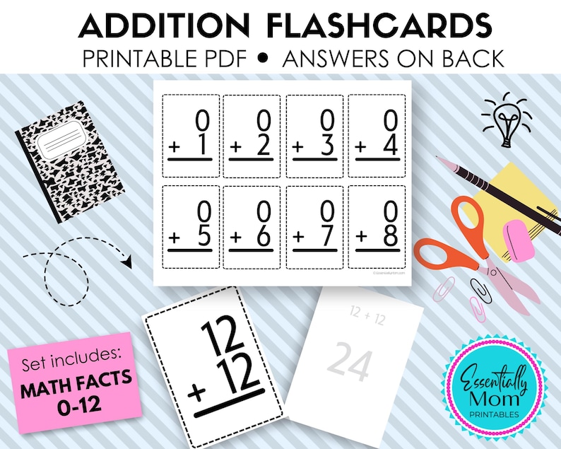 Printable Addition Flashcards 0-12: Math Facts (PDF Download) - Etsy