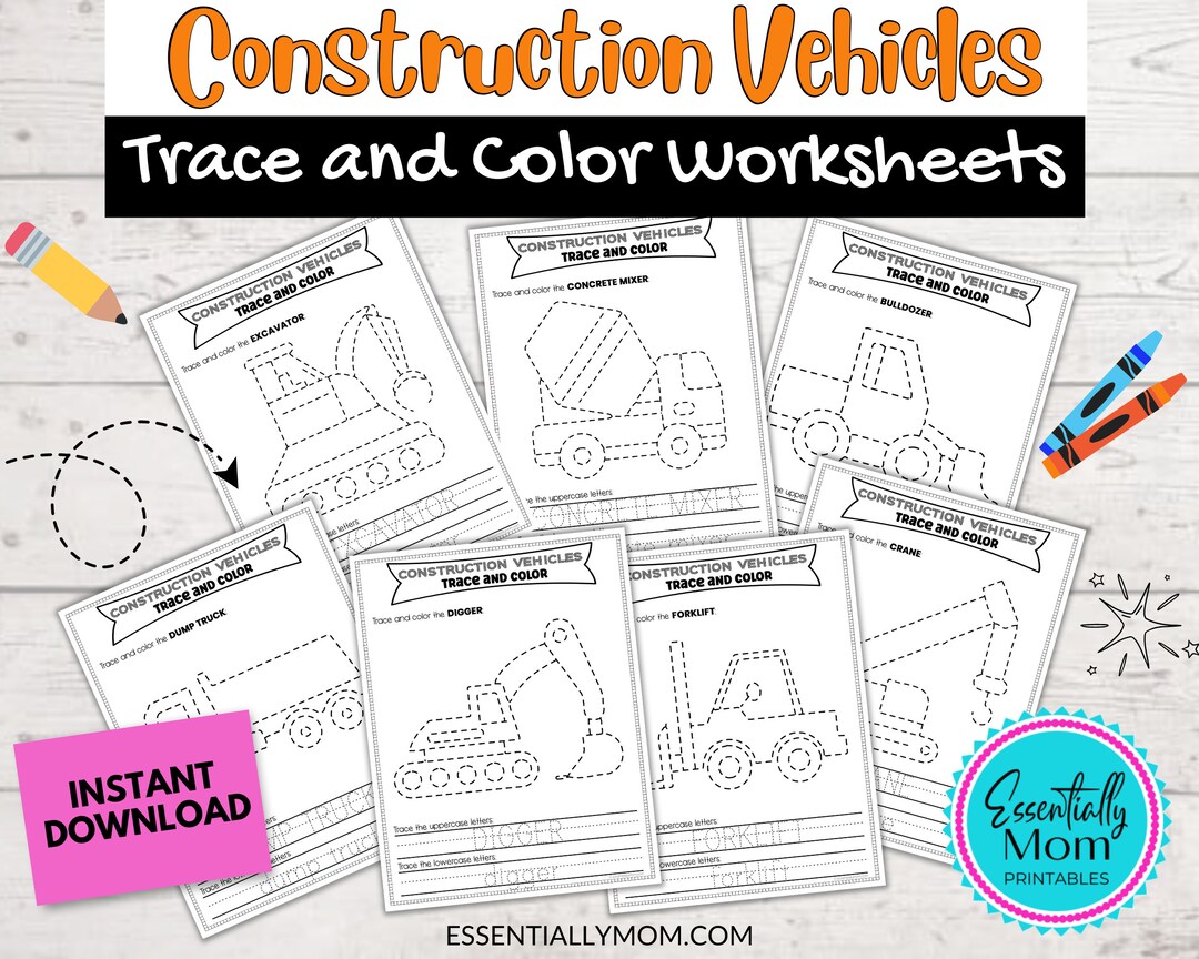 Construction Vehicles Trace and Color Worksheets, Coloring Tracing ...