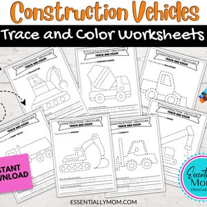 Construction Vehicles Trace and Color Worksheets (digital Download) - Etsy