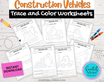 Construction Vehicles Trace and Color Worksheets (digital Download) - Etsy