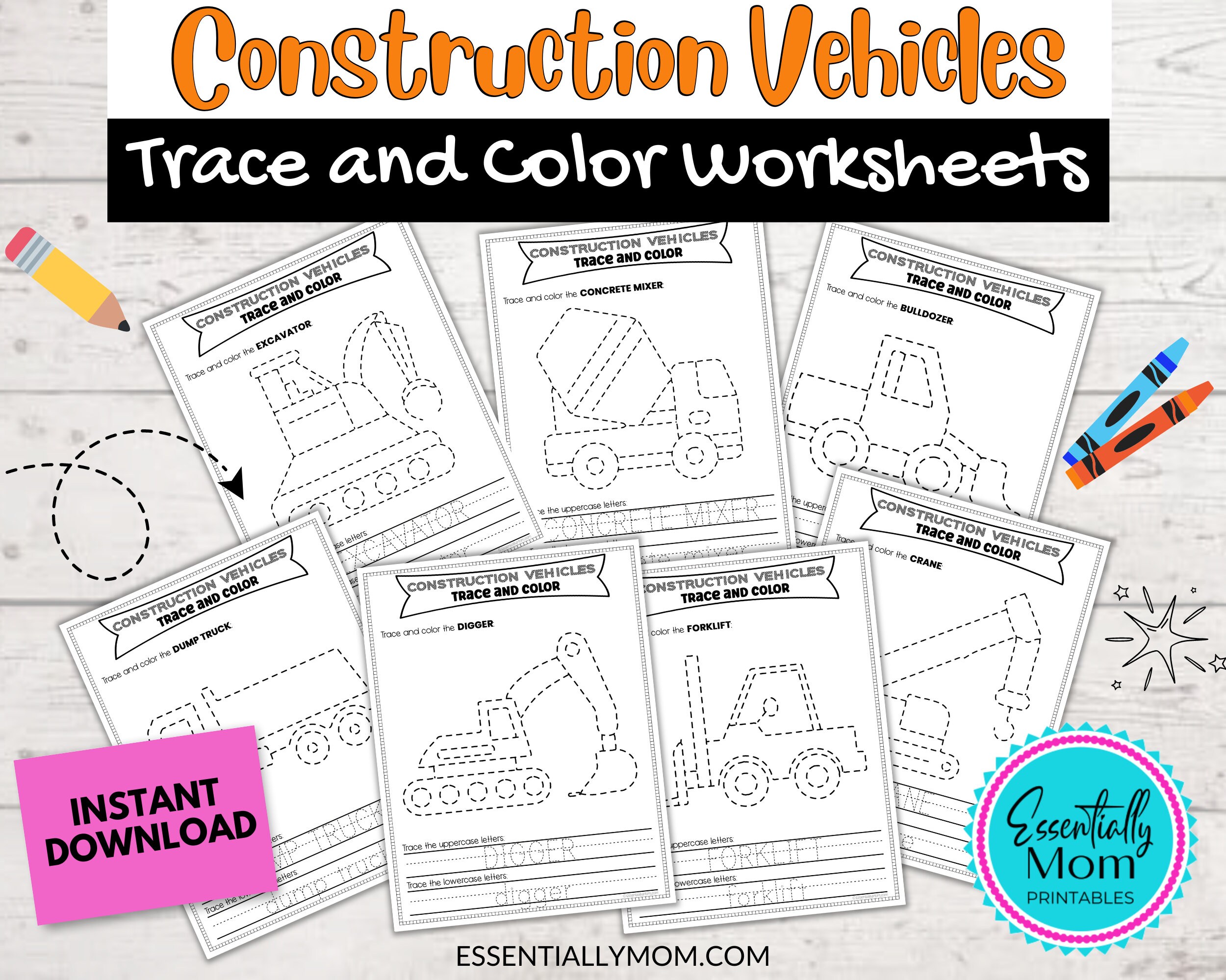 Construction Vehicles Trace and Color Worksheets (digital Download) - Etsy