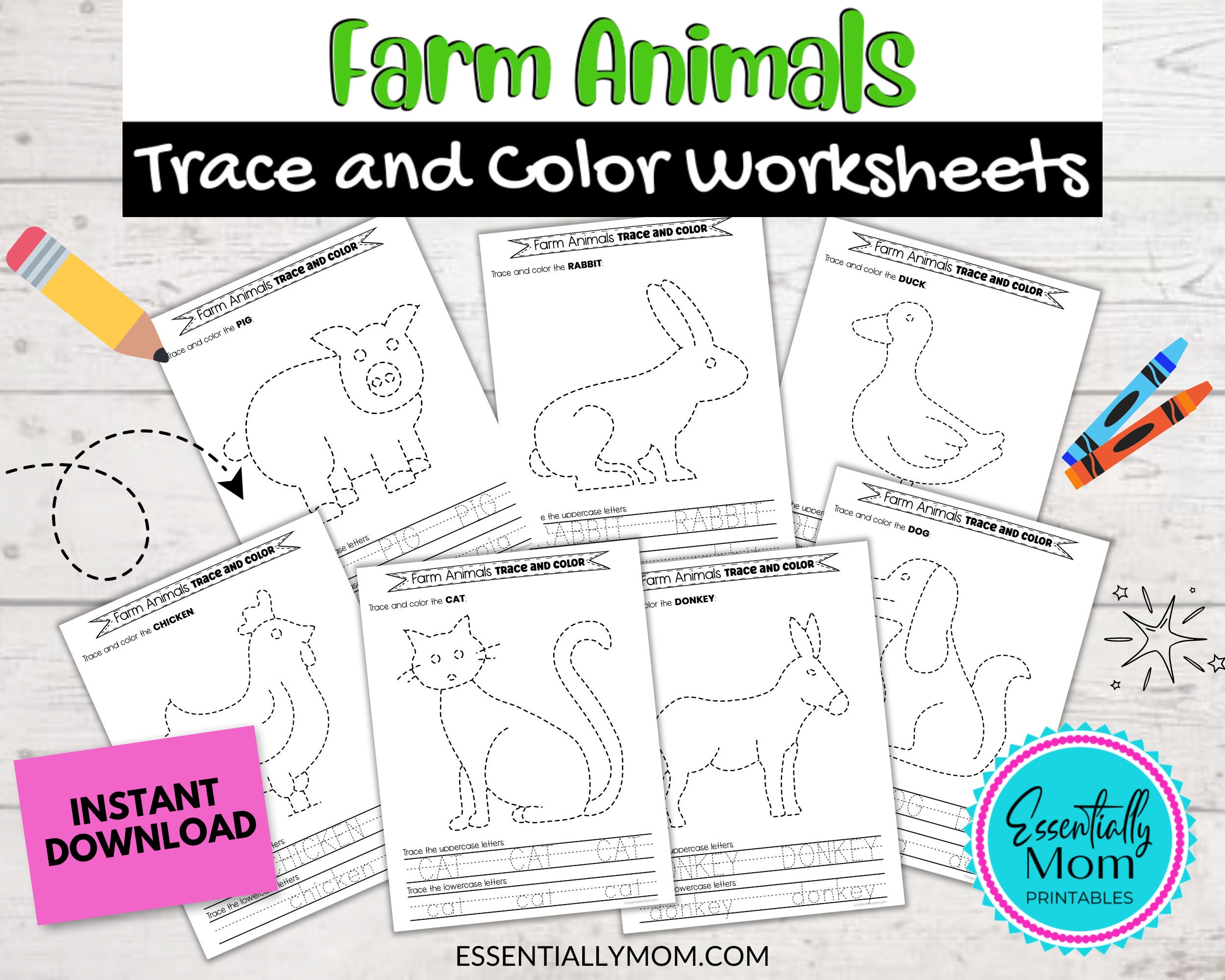 Farm Animals Trace and Color Worksheets: Fine Motor Skills (digital ...
