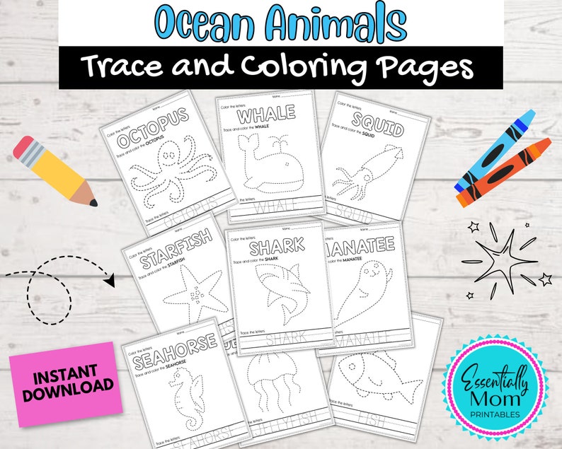Ocean Animals Trace and Coloring Pages, Sea Animals Coloring Pages ...