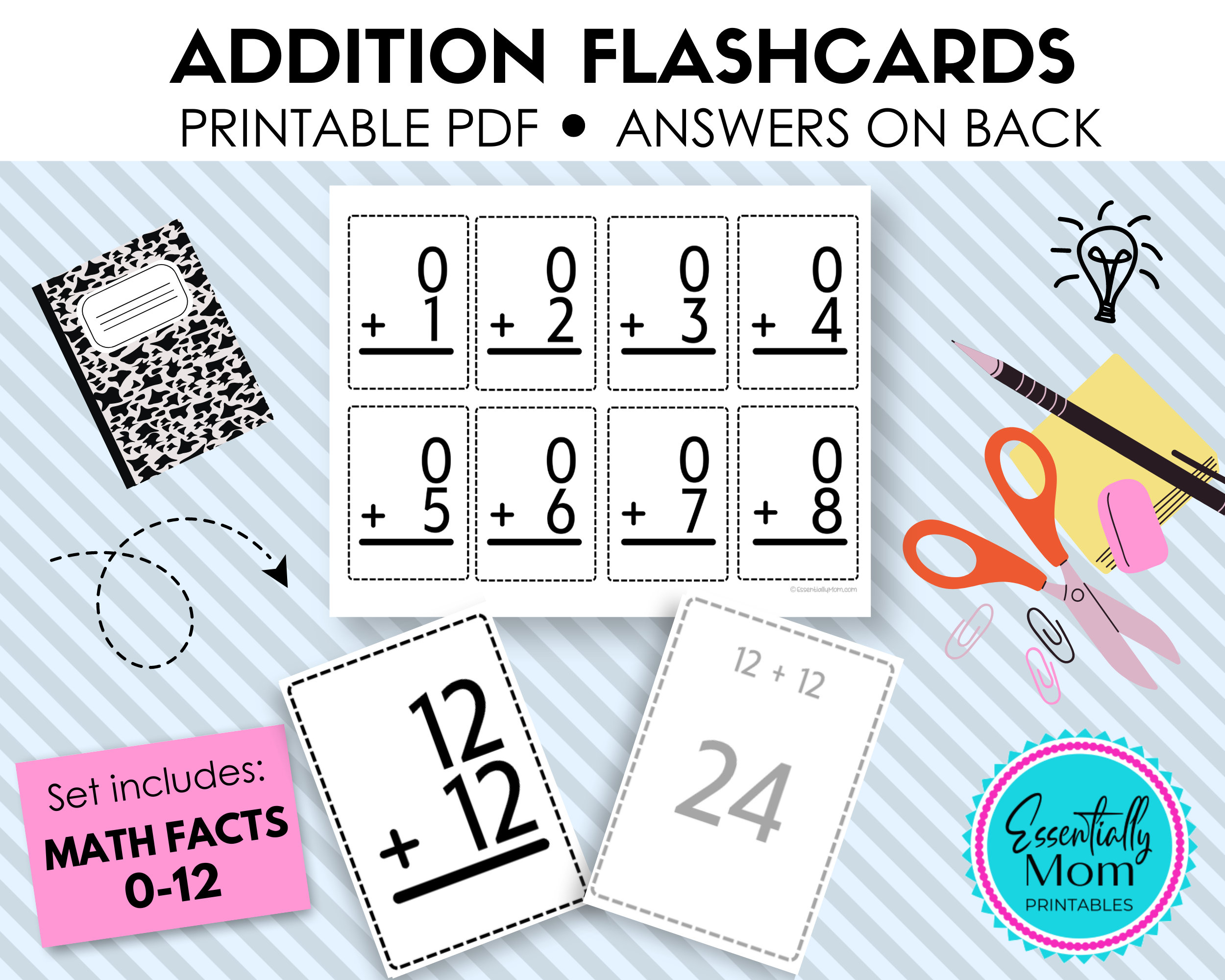 Printable Addition Flashcards 0-12 {with Answers on Back}, Addition ...