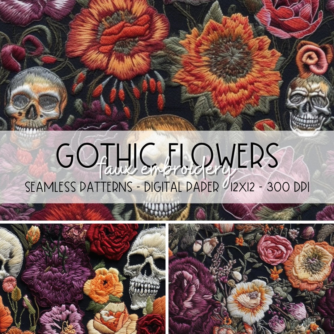 Gothic Faux Embroidered Flowers, Seamless Digital Pattern Bundle ...