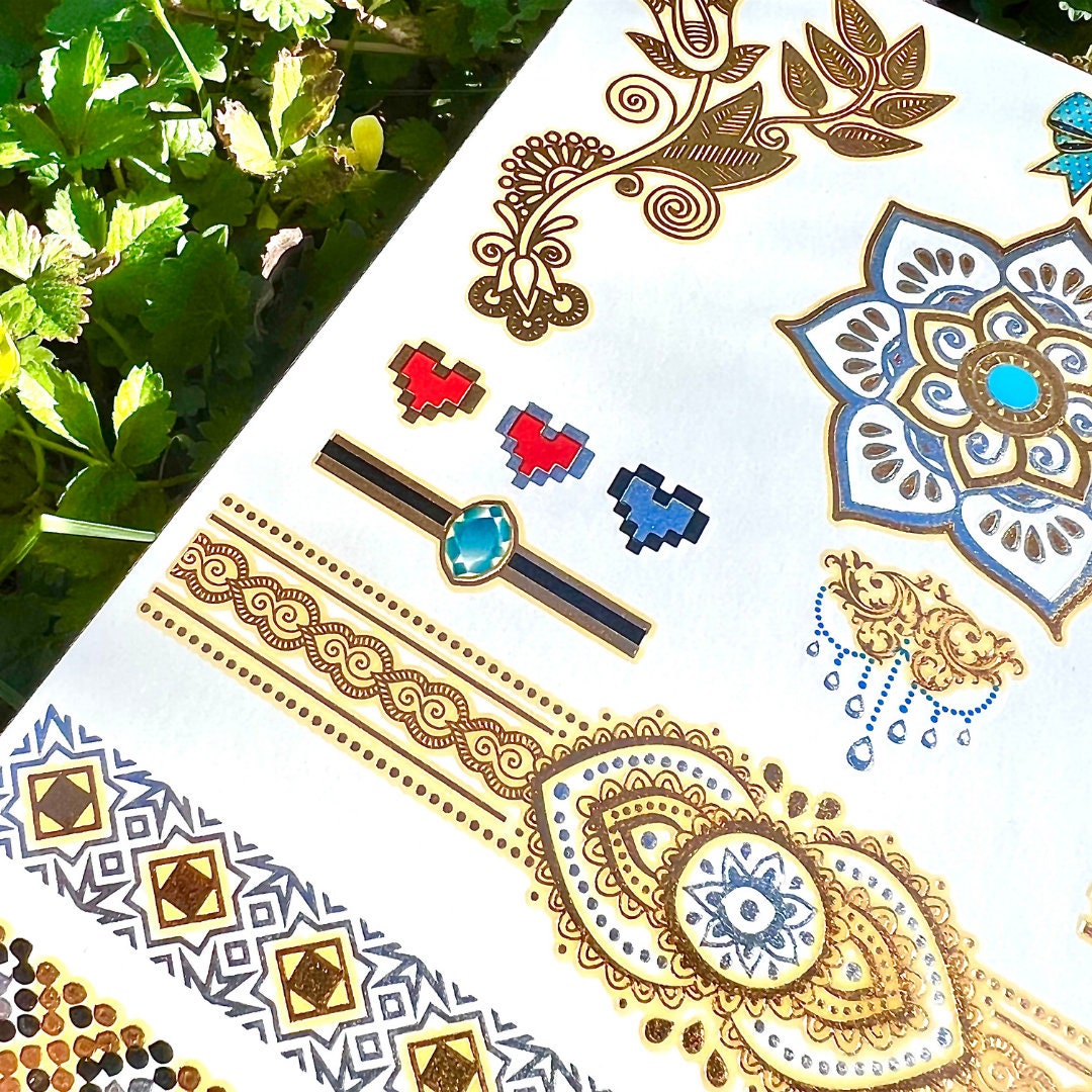 Metallic Gold & Silver Temporary Tattoos 5 Sheets Summer Festival Boho ...