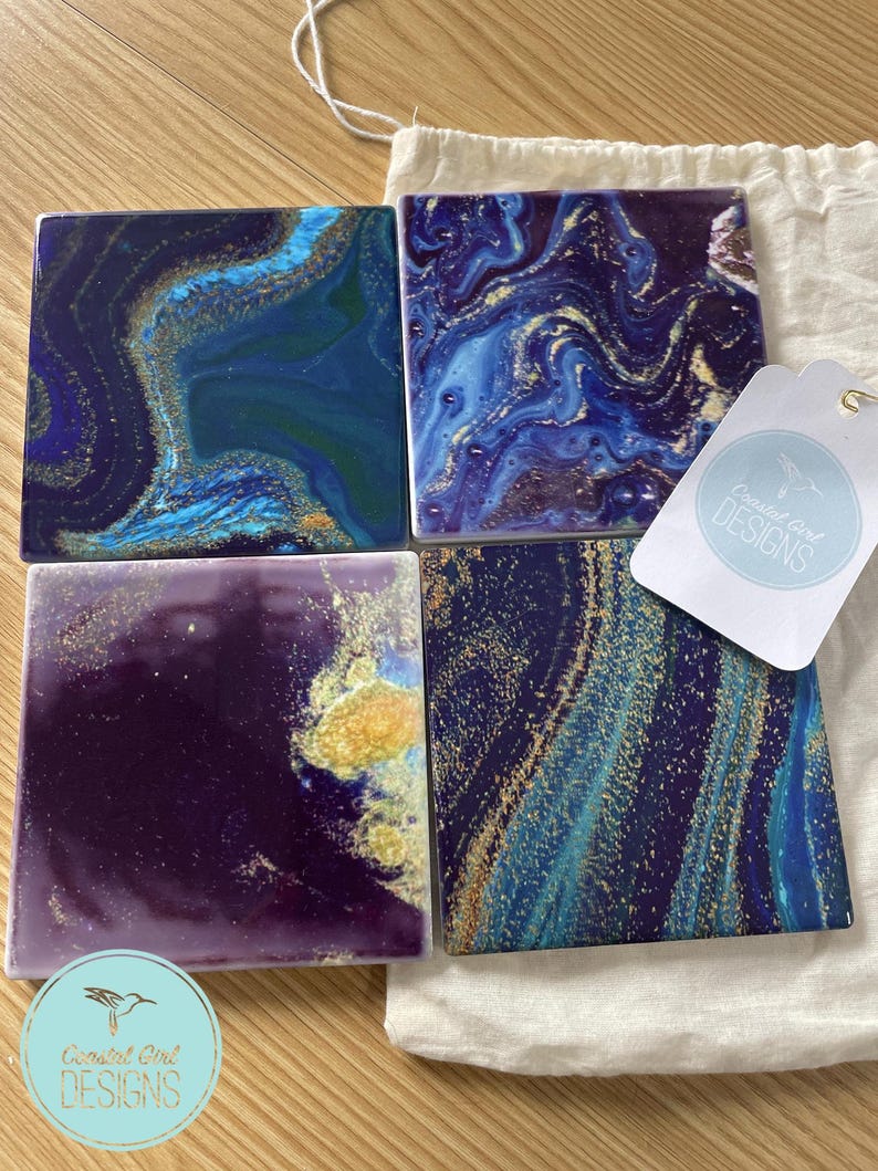 Blue Geode Coastal Themed Ceramic Square Coasters Cork Backed. Hand ...