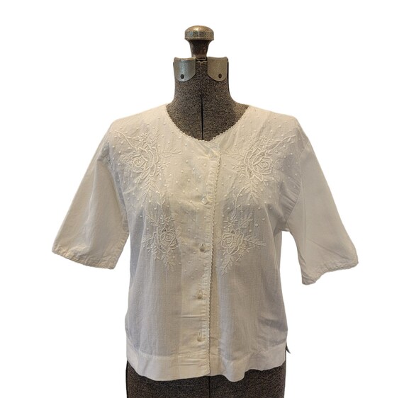 White 1950's Embroidered Rose Floral Button Down Top - Gem