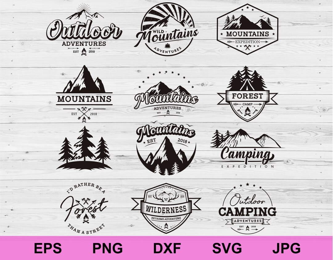 Outdoor Adventure Logo Set, Camping Expedition, Mountains, Forest (svg ...