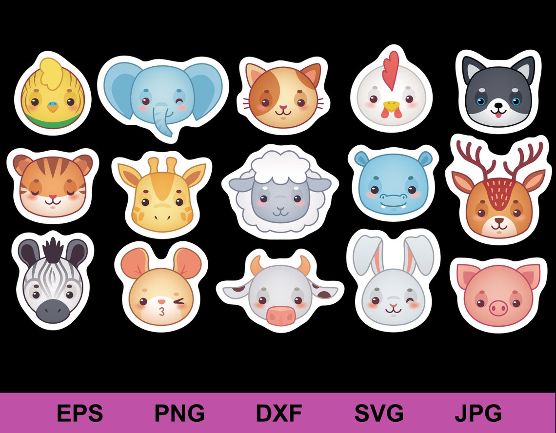 Cartoon animals cute kawaii face emoji design element set of | Etsy