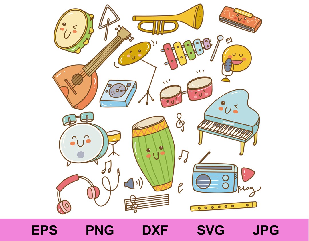 Colorful Music Instruments Clipart, Kawaii Style (svg, Png, Eps, Dxf ...