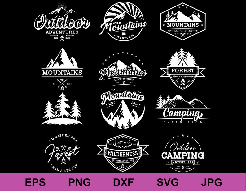 Outdoor Adventure Logo Set, Camping Expedition, Mountains, Forest (svg ...