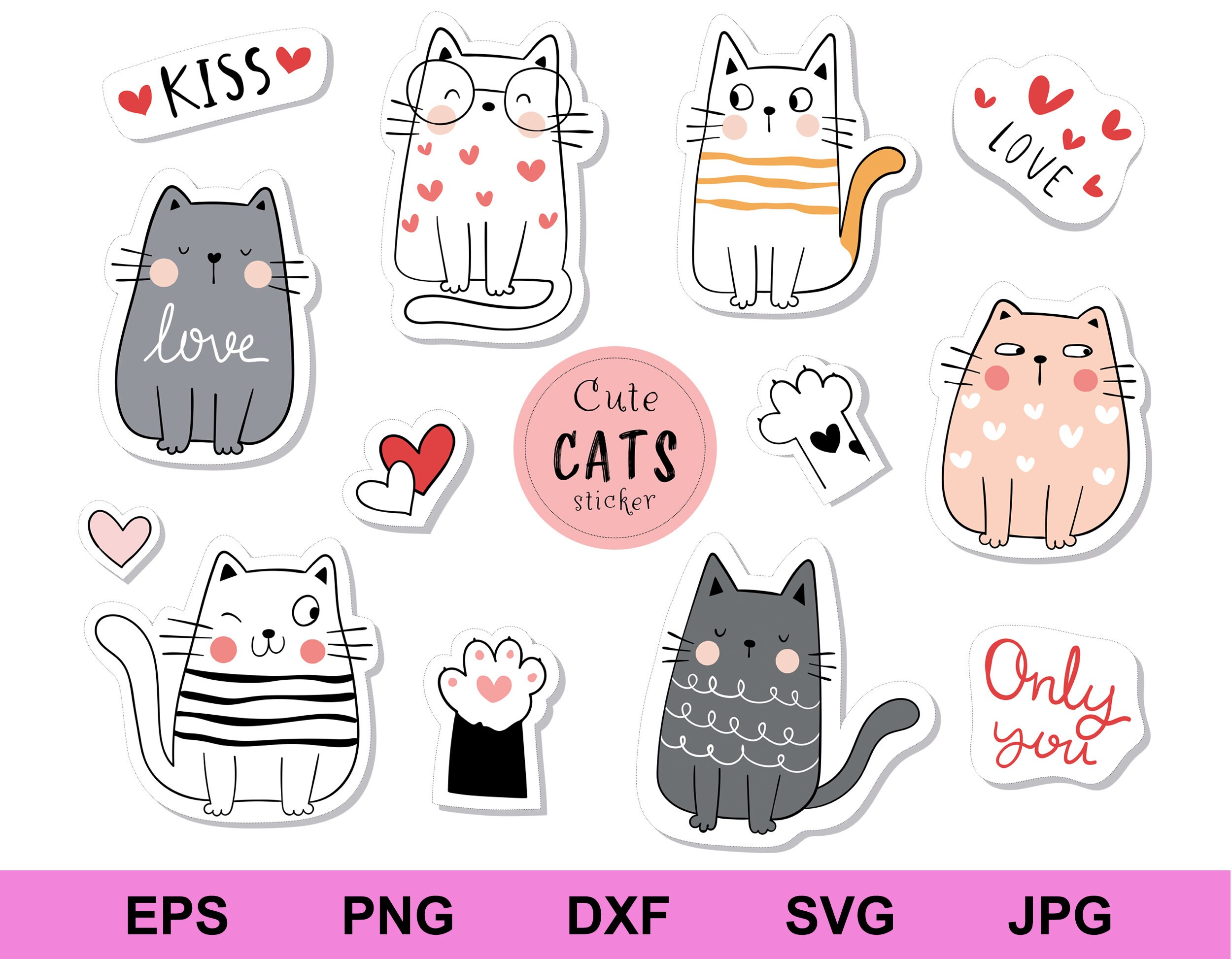 Cartoon cute cat animals background sticker design element | Etsy