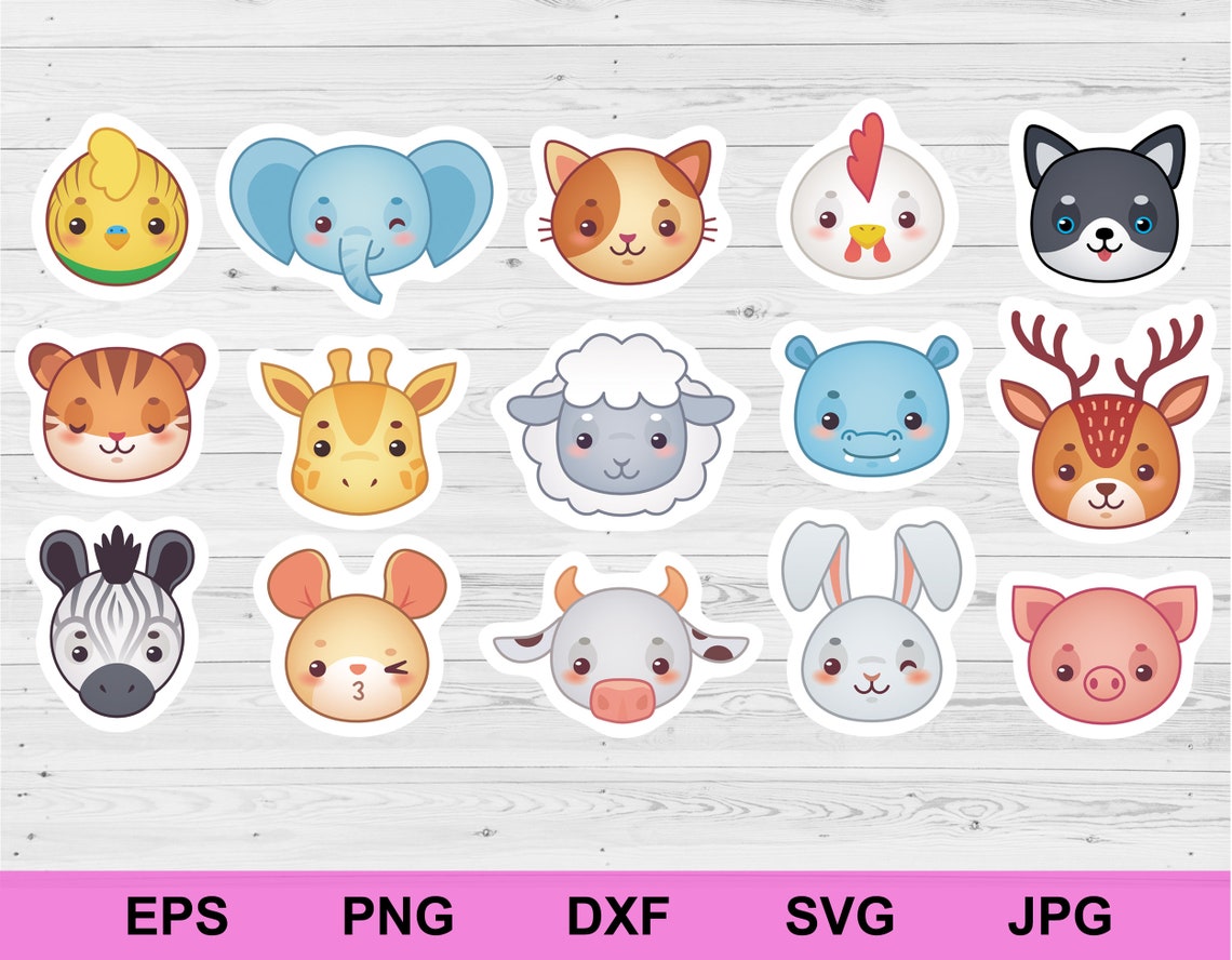 Cartoon animals cute kawaii face emoji design element set of | Etsy