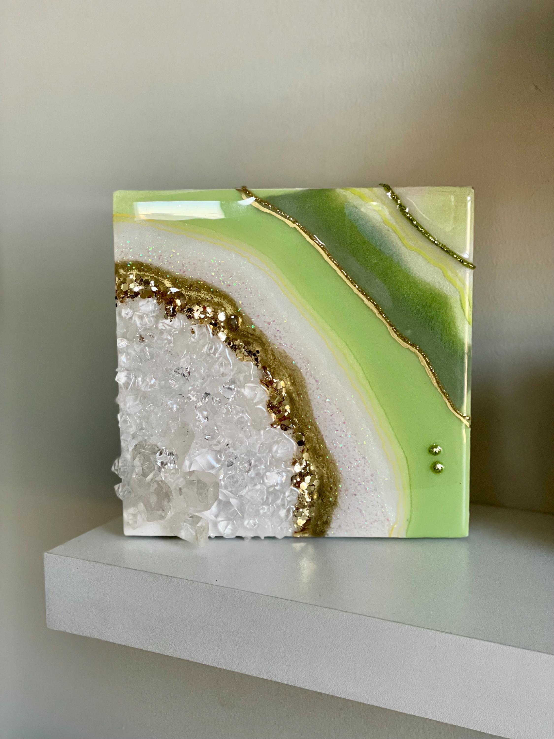 Lime Cream Resin Painting With Quartz Crystals - Miniature 6x6 Inch Art ...