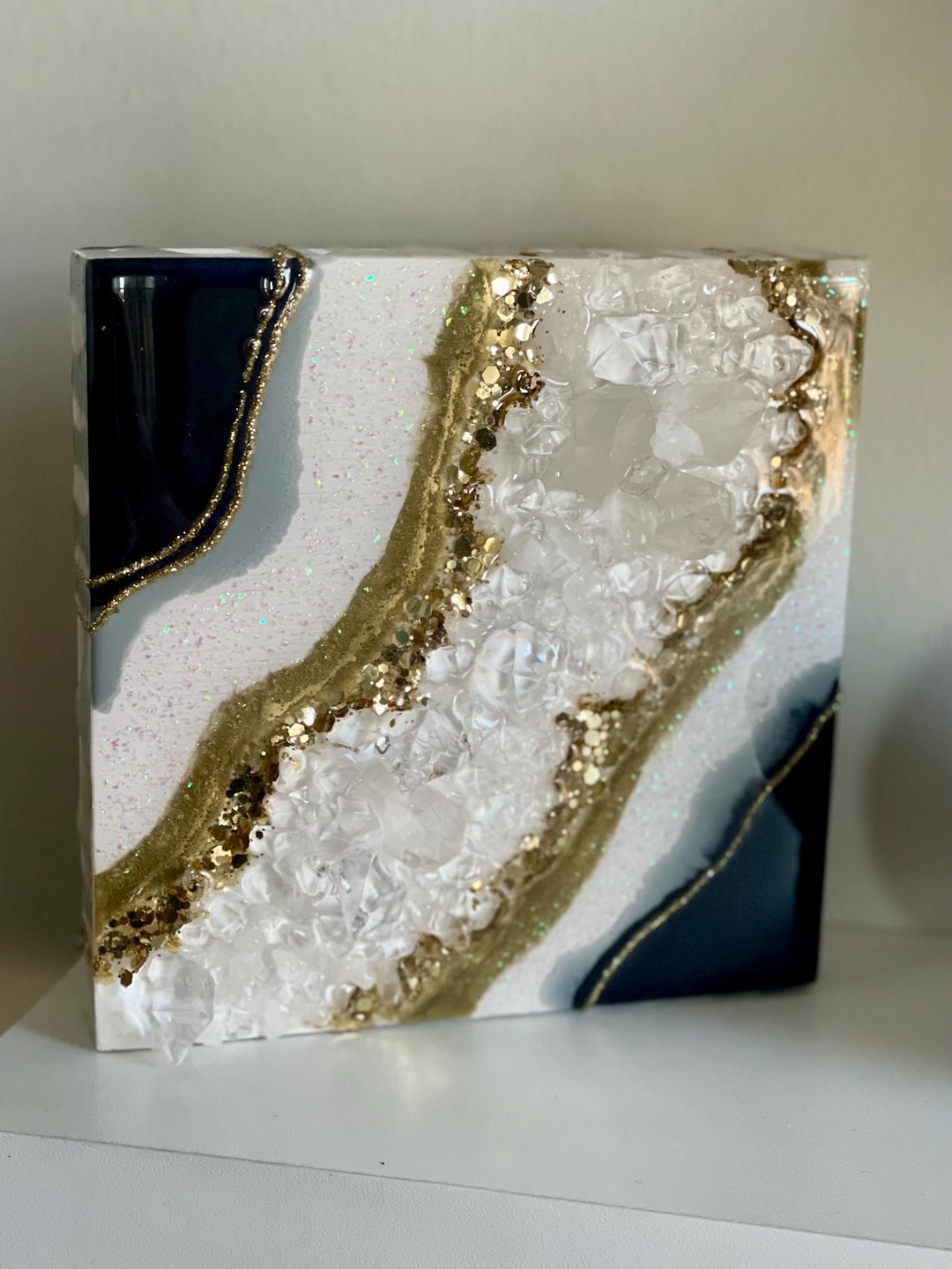 Midnight Resin Painting With Quartz Crystals - Miniature 6x6 Inch Art ...