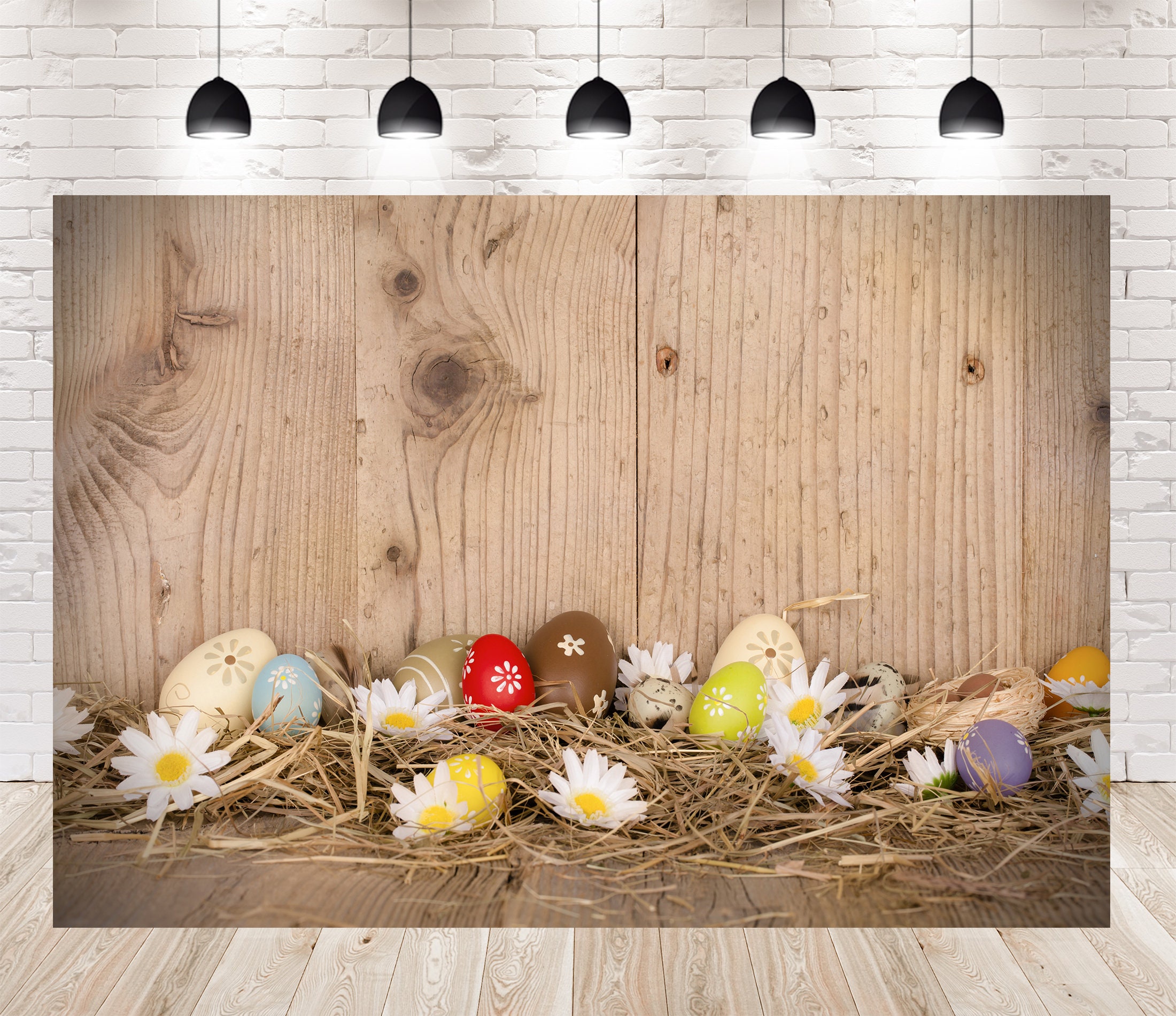 Easter Day Wooden Wall Kids Photo Backdrops Booth Easter Eggs Straw and ...