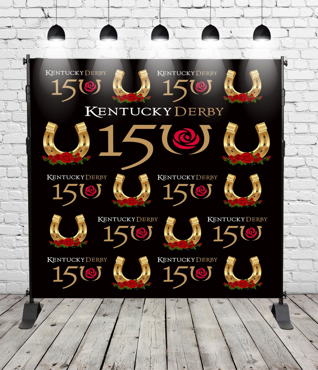 Kentucky Derby 150th Backdrop, Black & Gold Horseshoes, Red Rose Photo ...