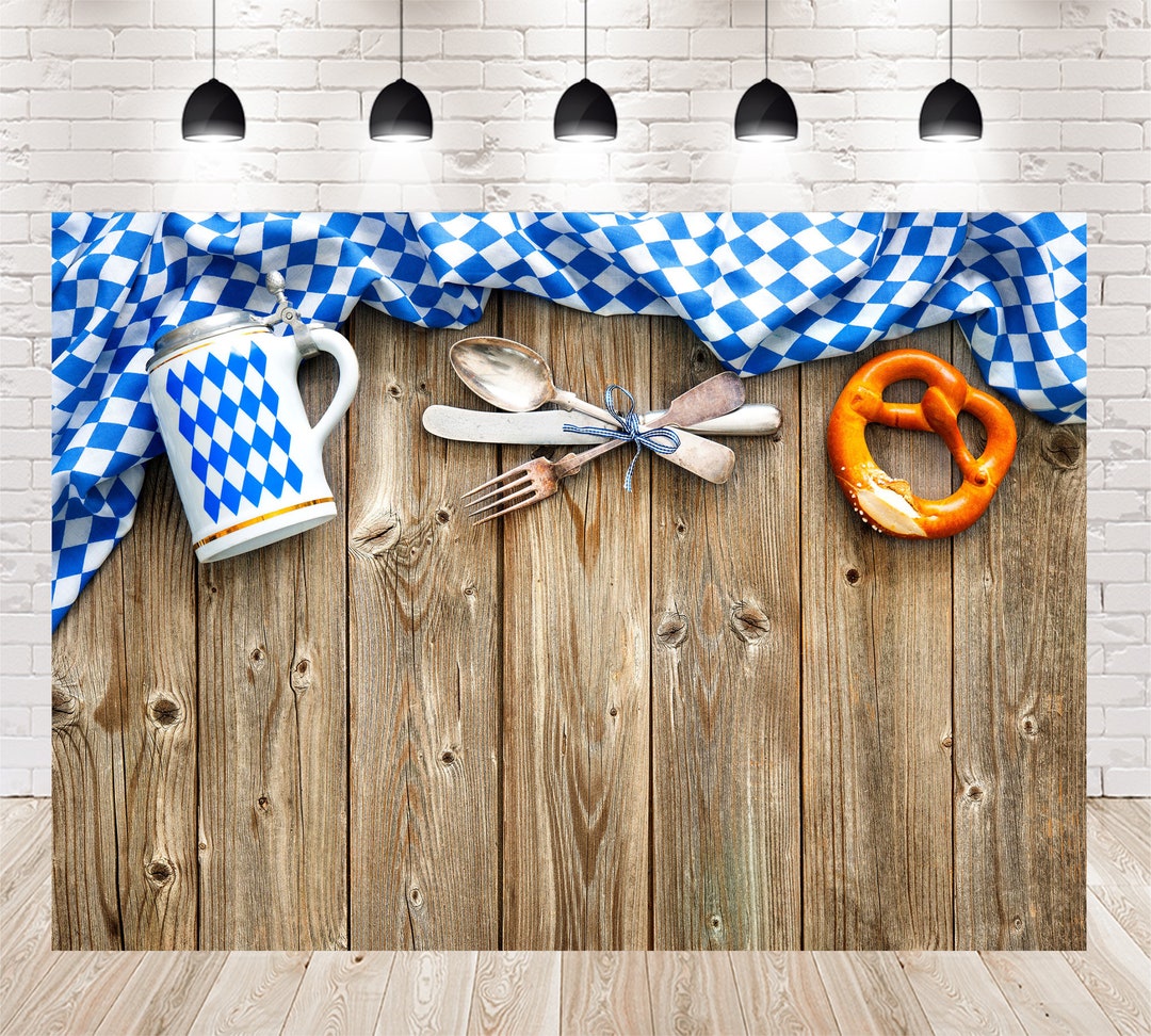 Oktoberfest Photo Backdrop: Bavarian Blue White Fabric, Pretzel & Beer ...