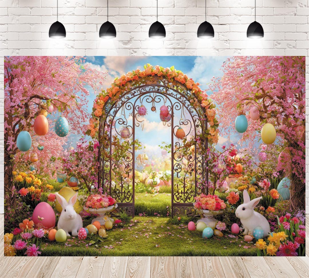 Easter Garden Photography Backdrop: Spring Flowers, Rabbit, Eggs - Etsy