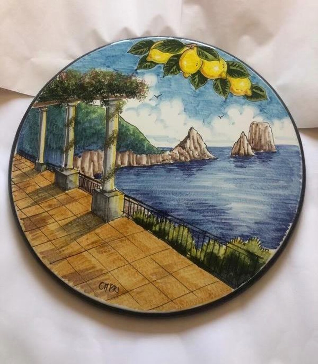 Italian Volcanic Outdoor Table With Capri Landscape, Includes Iron Base ...