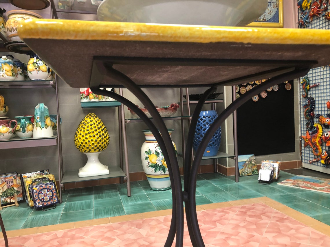 Italian Volcanic Outdoor Table With Iron Base Blue Lemon Decorated ...