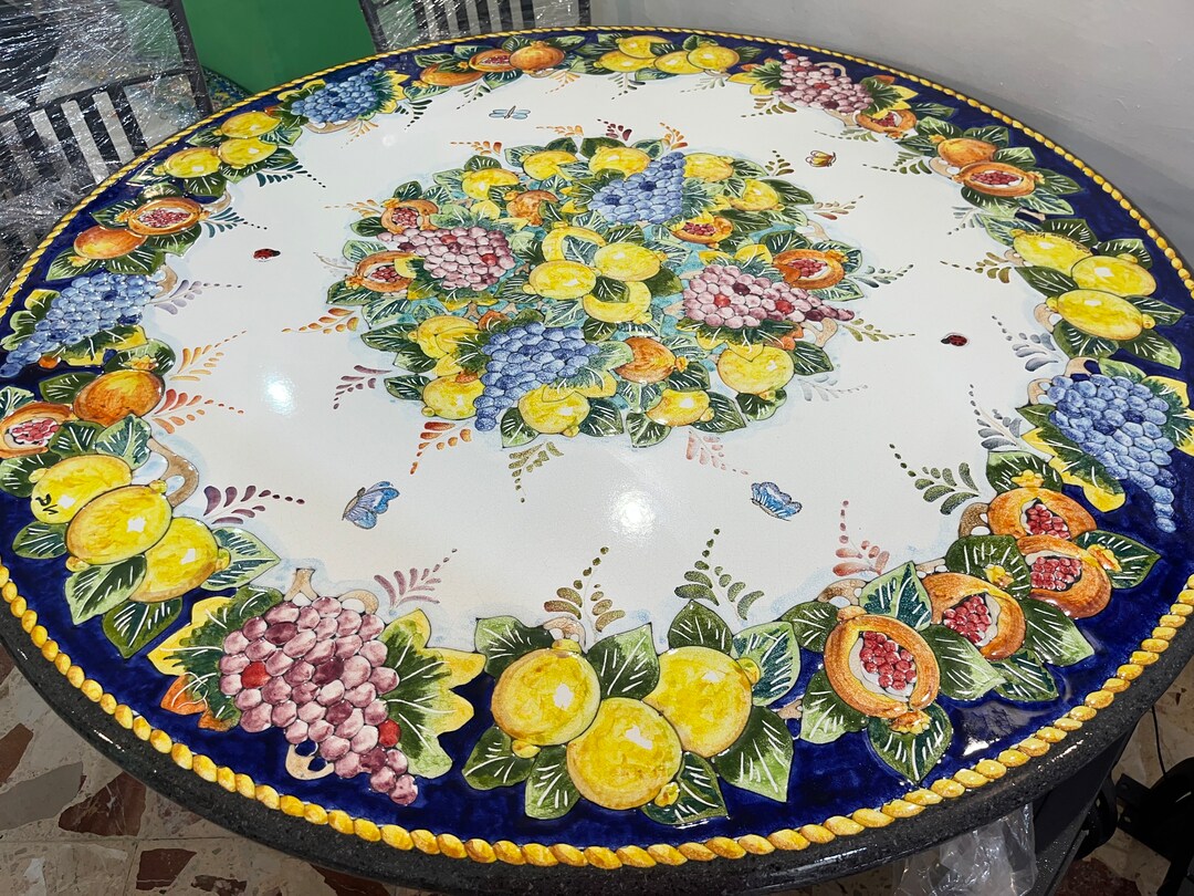 Italian Volcanic Flower Outdoor Table With Iron Base Lemon Decor - Etsy