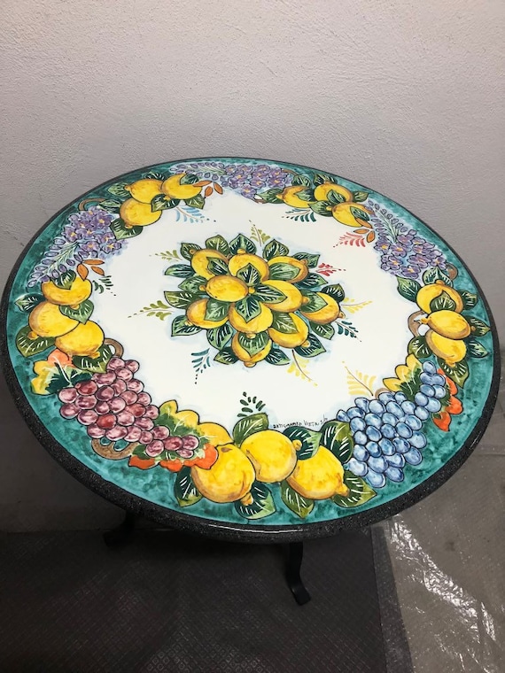 Italian Volcanic Outdoor Table With Iron Base Lemon Decorated | Etsy