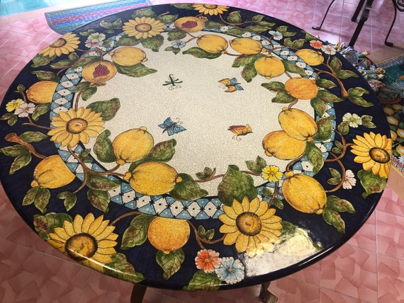 Italian Volcanic Outdoor Table With Iron Base Lemon Decor | Etsy