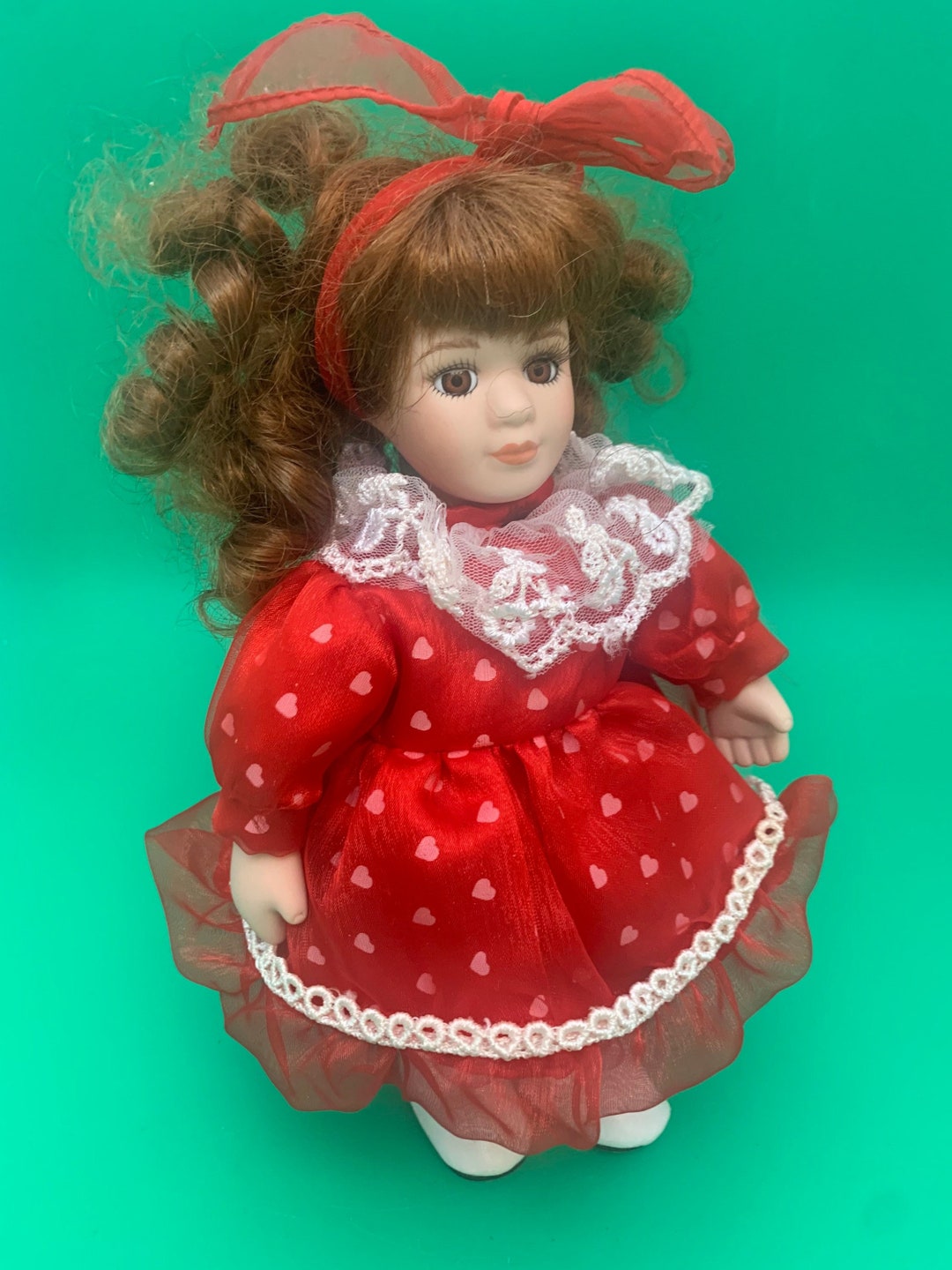 Porcelain Doll 9 Inch Hearts Anco Red Satin Dress Vintage Bow White ...