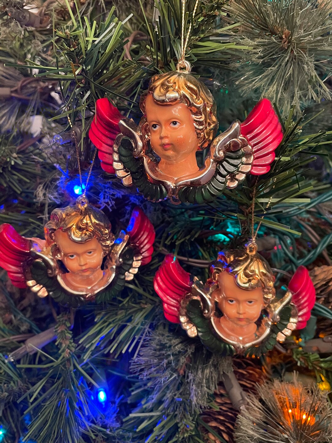 VINTAGE Angel Cherub Christmas Tree Ornaments Red, Green, Gold Metallic ...