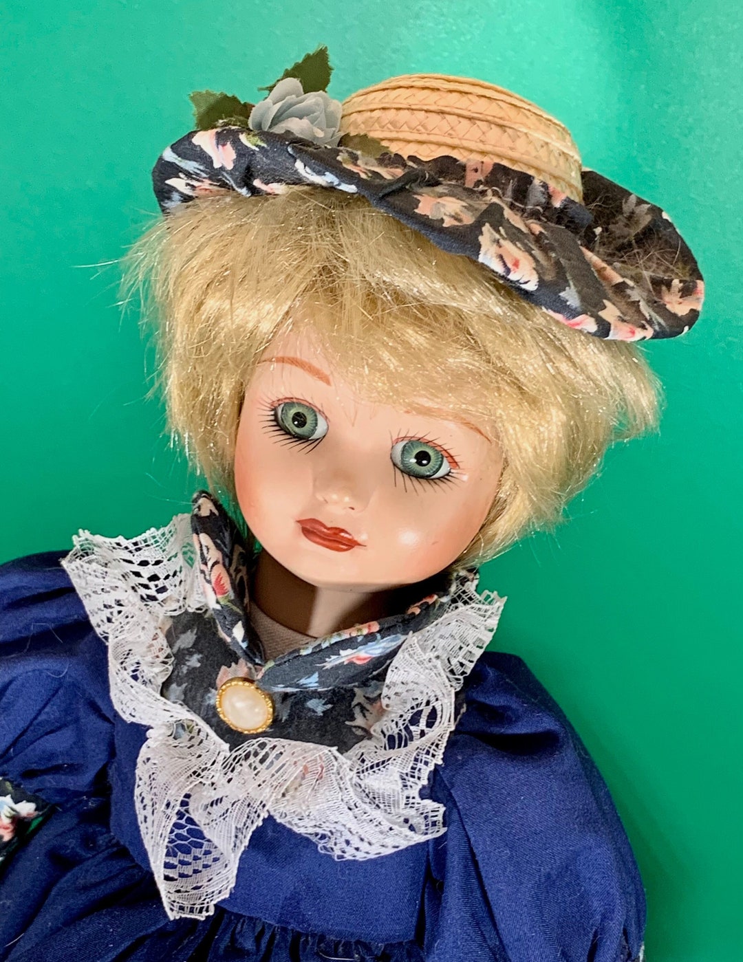 Vintage Anco Porcelain 16" Doll 1999 "elizabeth" Navy Blue Felt Lace ...