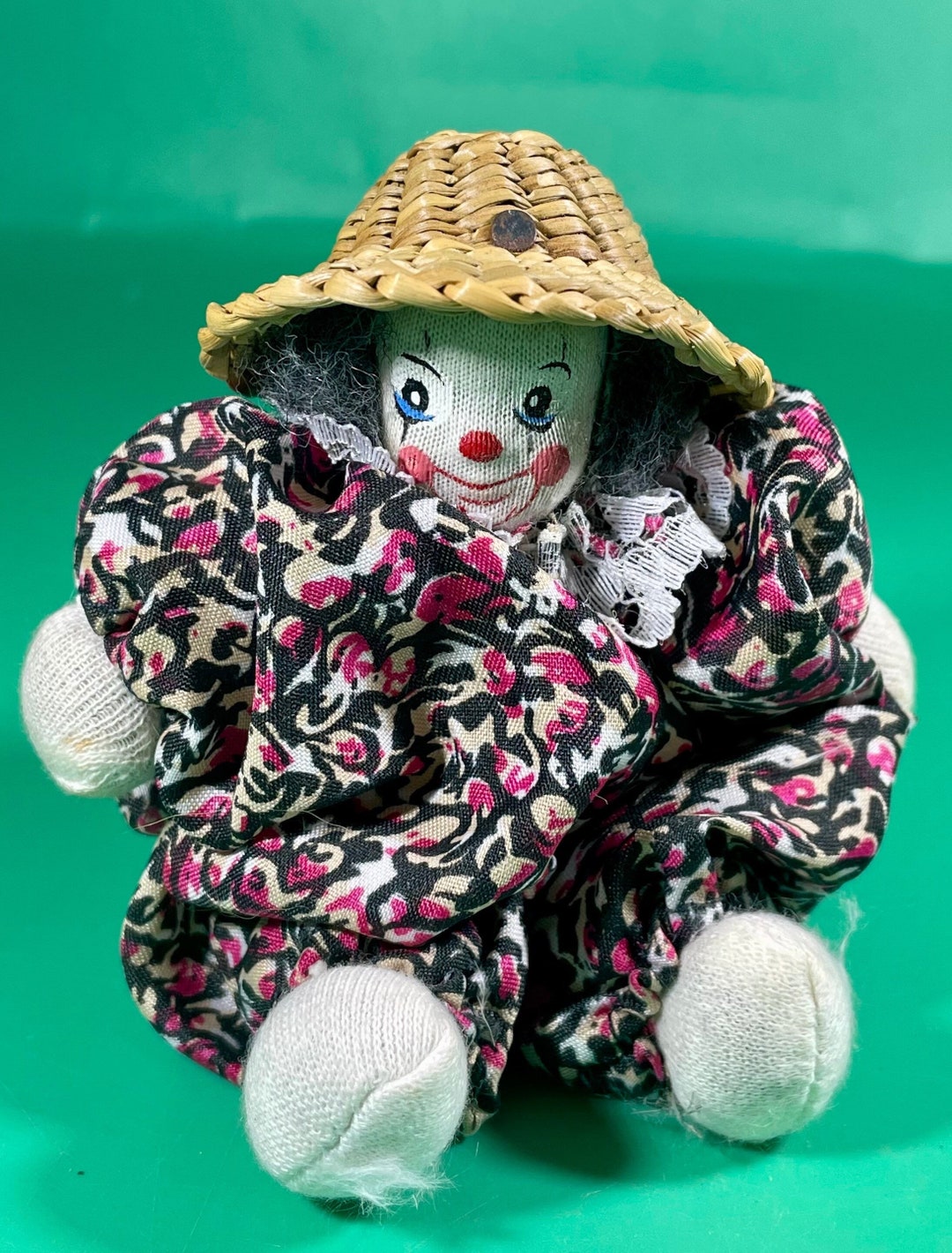 Vintage Clown Cloth Head Sand Weighted Body Doll Straw Hat Floral Pink ...