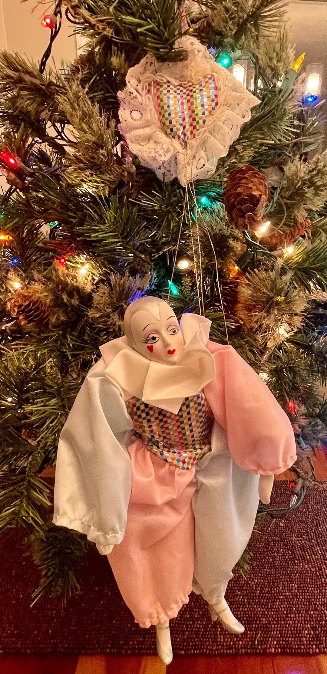 Vintage Pierrot Porcelain Clown Pillow Swing With Heart Satin Metallic Pink Yellow Green Blue ...