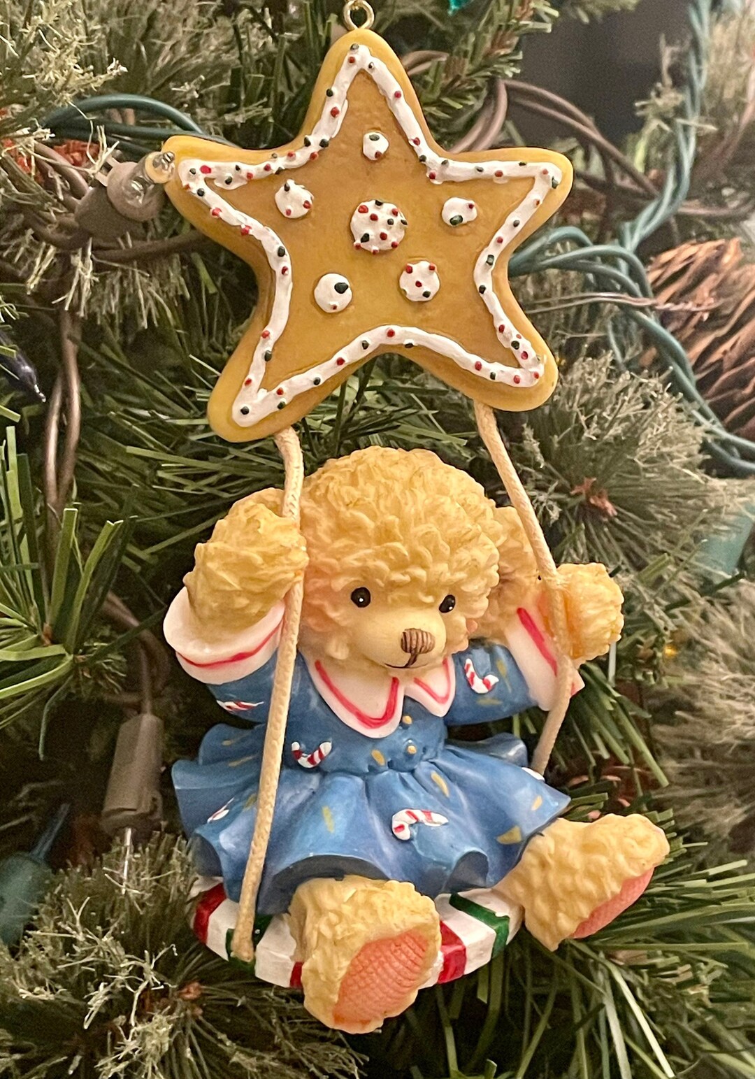 GANZ Vintage Teddy Bear Ornament on Candy Cane Rope Swing Gingerbread ...