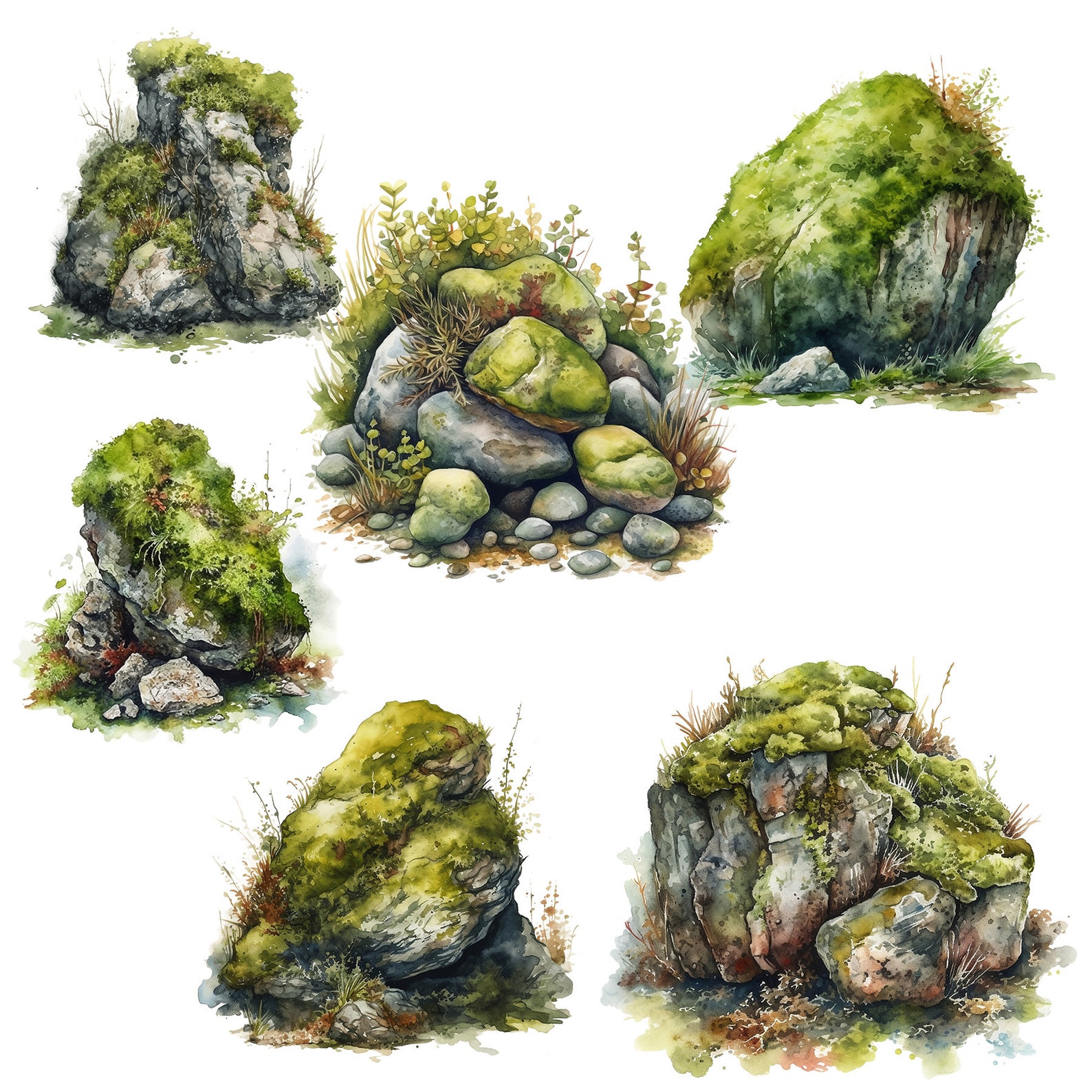 Watercolour Moss Clipart - Mossy Rocks and Stones Botanical PNG Format ...