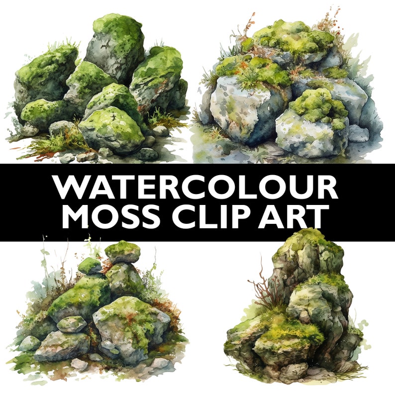 Watercolour Moss Clipart - Mossy Rocks and Stones Botanical PNG Format ...