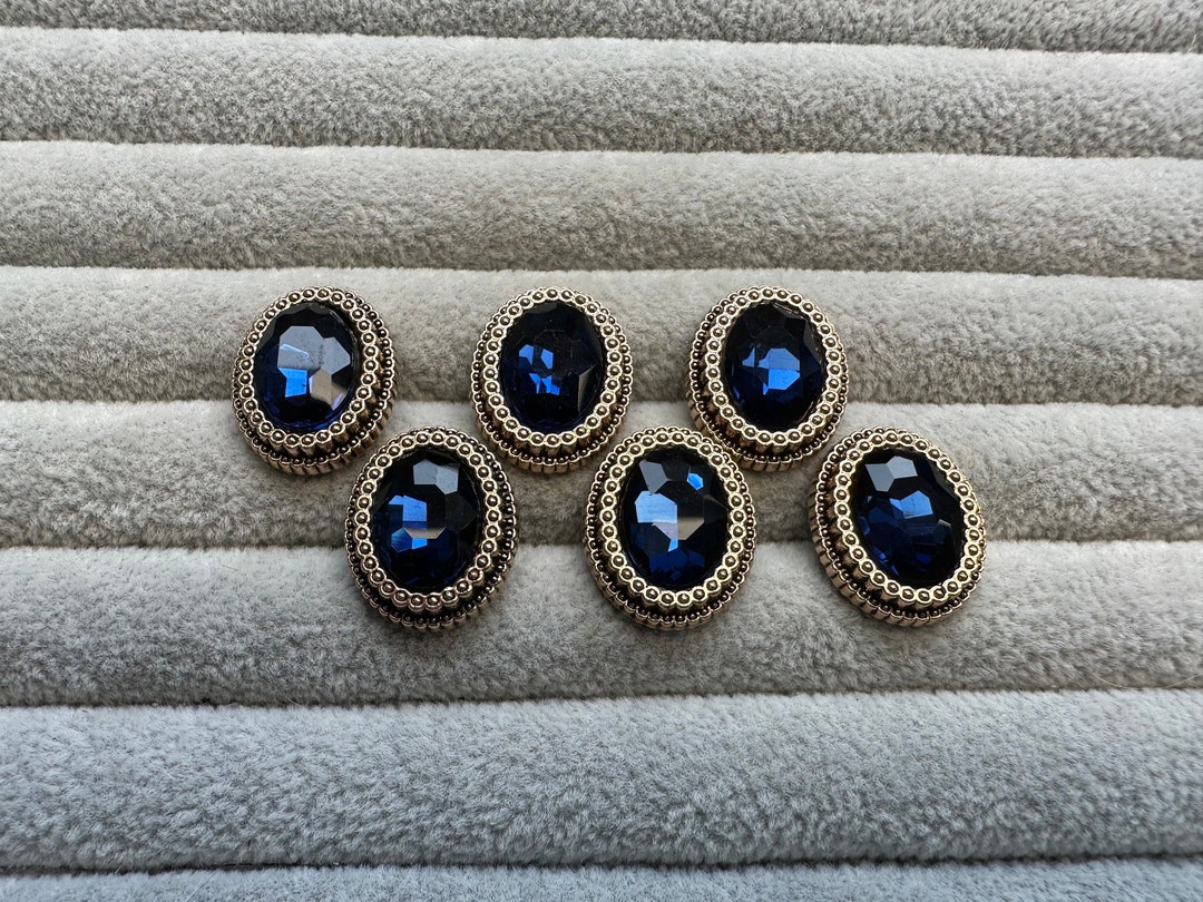 Jewel Buttons Sapphire Blue in a Gold Tone Metal Setting 21mm X 17mm a ...