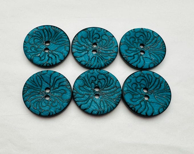 Teal Blue Buttons 23mm With a Textured Design in Black Sold as a Set of ...