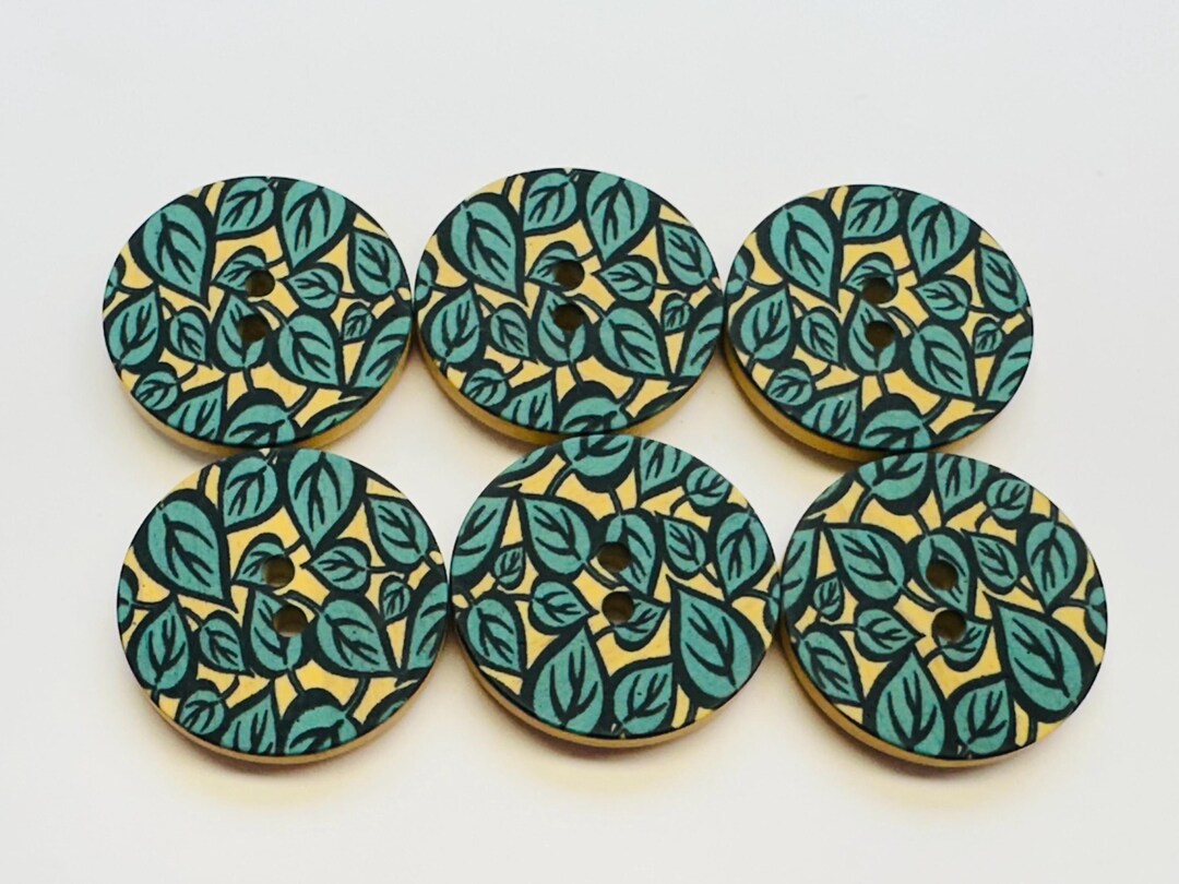 Teal Leaf Buttons 23mm on a Beige Background Sew-through a Set of Six ...