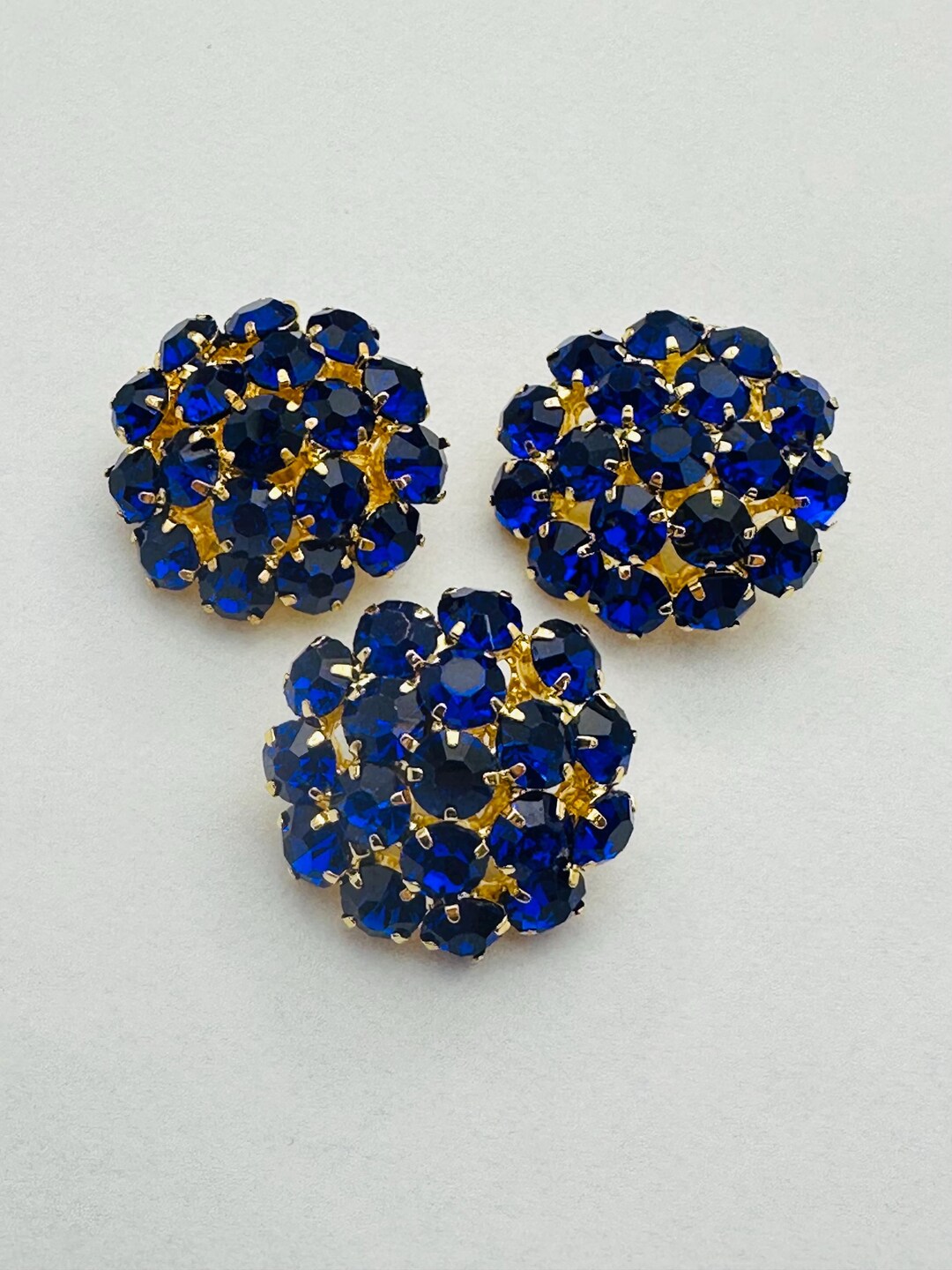 Rhinestone Buttons 26mm Royal Blue in Gold-tone Metal on a Shank a Set ...